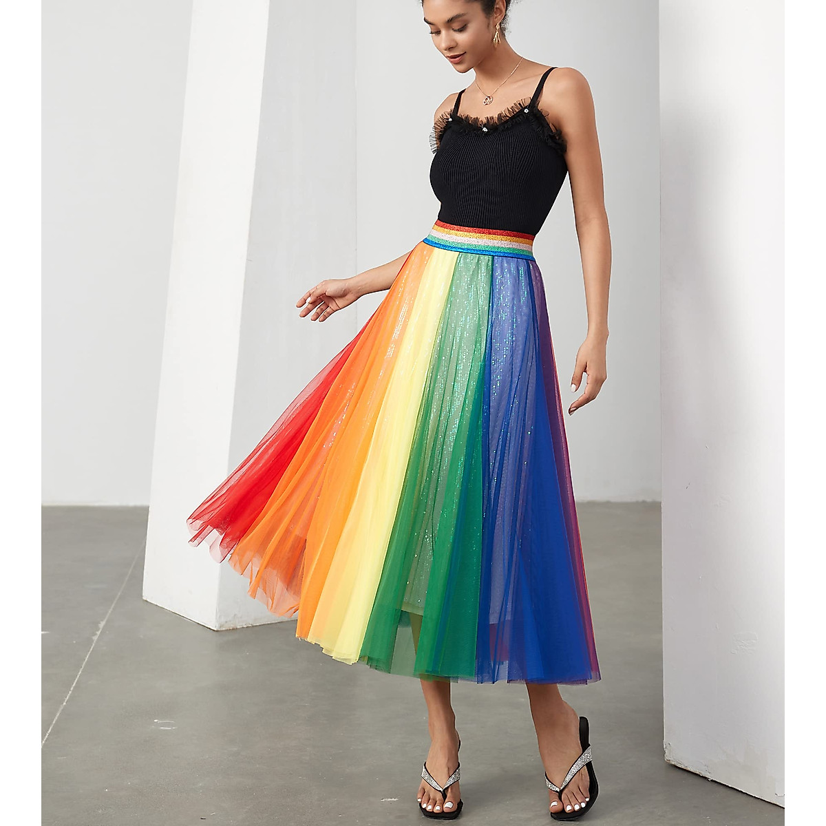 Dwirapal Sequin Long Tulle Skirt 4 Layered Flowy Fairy Sparkle Party Mesh Tea Length Big Hem Skirts for Women