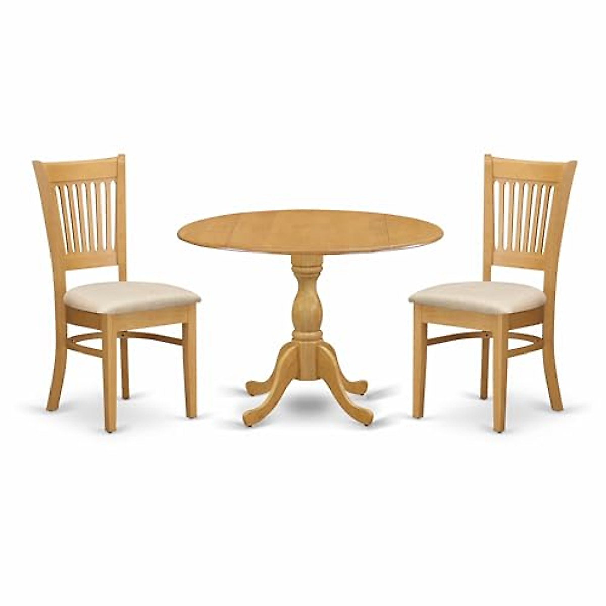 East West Furniture DMVA3-OAK-C 3 Piece Kitchen Table Set for Small Spaces Contains a Round Dining Table with Dropleaf and 2 Linen Fabric Dining Room Chairs, 42x42 Inch, Oak
