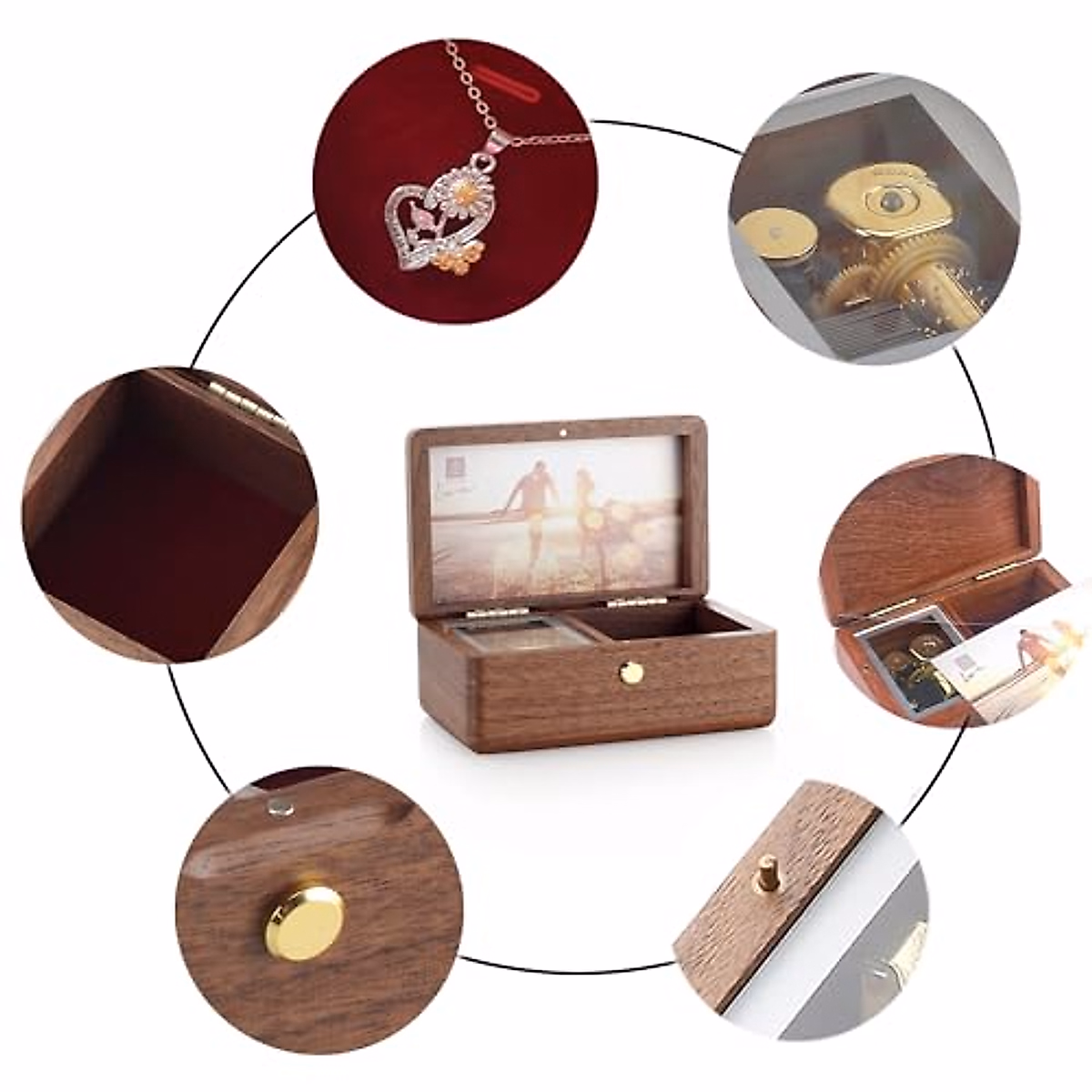 JJYmusic Natural Solid Wood Wind-up Music Box Long Photo Frame Jewelry Musical Box Great Gift for Birthday Christmas(Walnut; Tune: You Are My Sunshine)