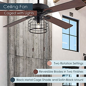 RIVER OF GOODS Industrial LED Ceiling Fan - 52" L x 52" W - Caged Ceiling Fan with Lights - Rich Barnwood/Black Fan Blades
