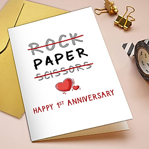 Qiliji Happy 1st Anniversary Card, Funny 1 Year Wedding Anniversary Card, Paper Anniversary Greeting Card, Rock Paper Scissors