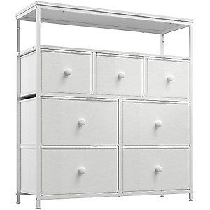 EnHomee White Dresser, Dresser for Bedroom with 7 Storage Drawers, Cute Dresser & Fabric Dresser for Bedroom, Bedroom Dresser with Wood Top and Metal Frame, Closet Dresser for Living Room