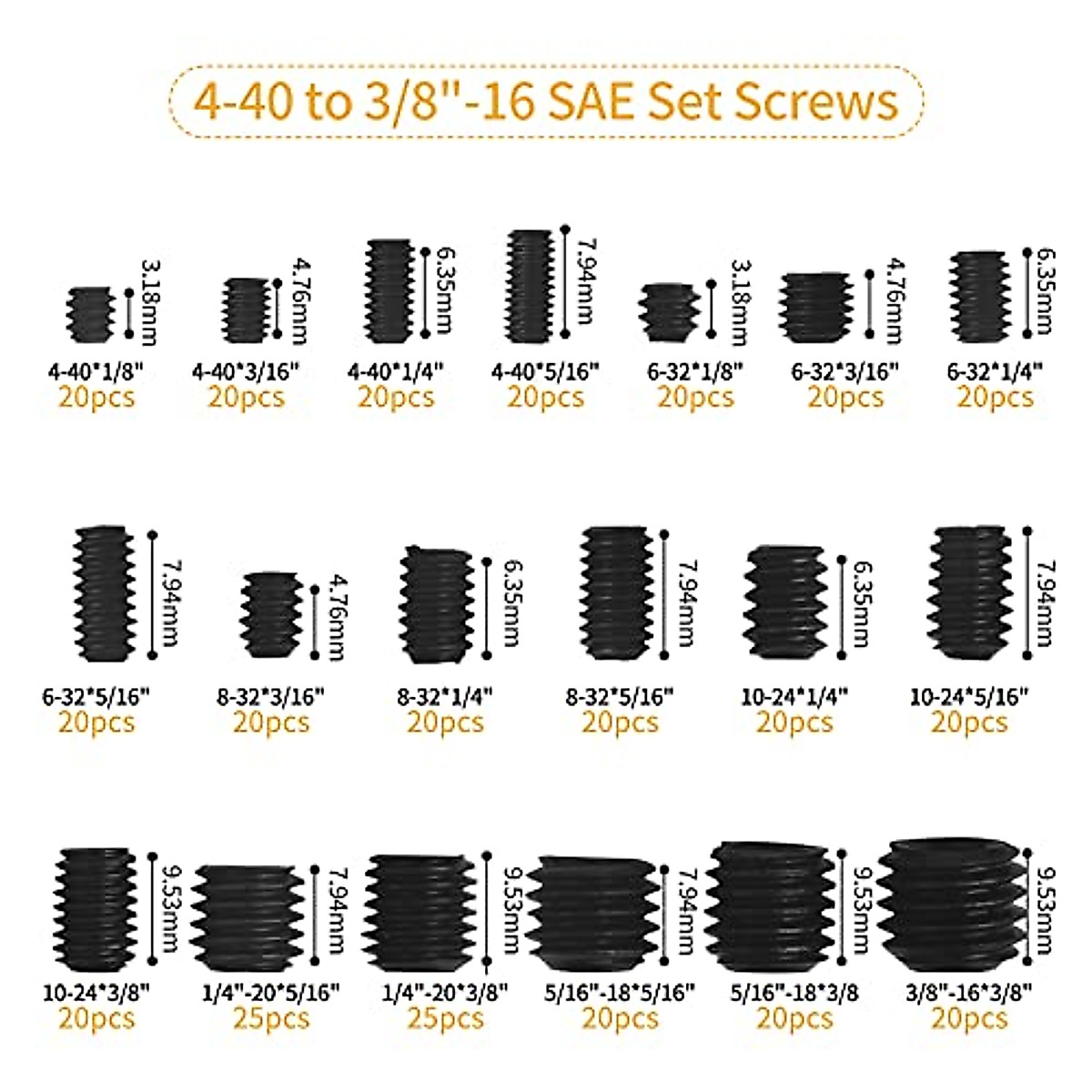VIGRUE 390Pcs #4-40 to 3/8"-16 SAE Hex Allen Head Socket Set Screws Grub Screw Bolts Assortment Kit, Carbon Steel Internal Hex Drive Cup-Point Screws with 7pcs Hex Wrenches