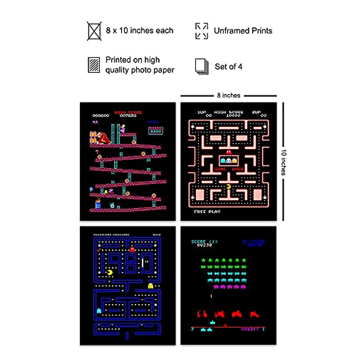 Classic Arcade Games - Arcade Decor - 8x10 Wall Art Prints Set for Man Cave, Den, Family Room, Bar, Bedroom - Gift for Gamers, Video Game, Atari, Pacman, Ms Pacman, Donkey Kong, Space Invaders Fans