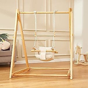 FUNLIO Wooden Toddler Swing Set with 4 Sandbags, Foldable Baby Swing Set with Durable Pine & Velcro, Portable Swing for Toddlers 6-36 Months, Kid Swing for Indoor/Outdoor/Backyard (Upgraded)