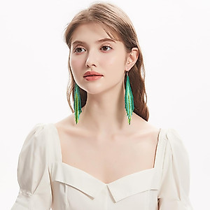 Luluping Long Beaded Dangle Earrings – Boho Native Handmade Seed Bead Tassel Earrings for Women, Bohemian Large Statement Beaded Drop Fringe Earrings (Green Beaded Earrings B)