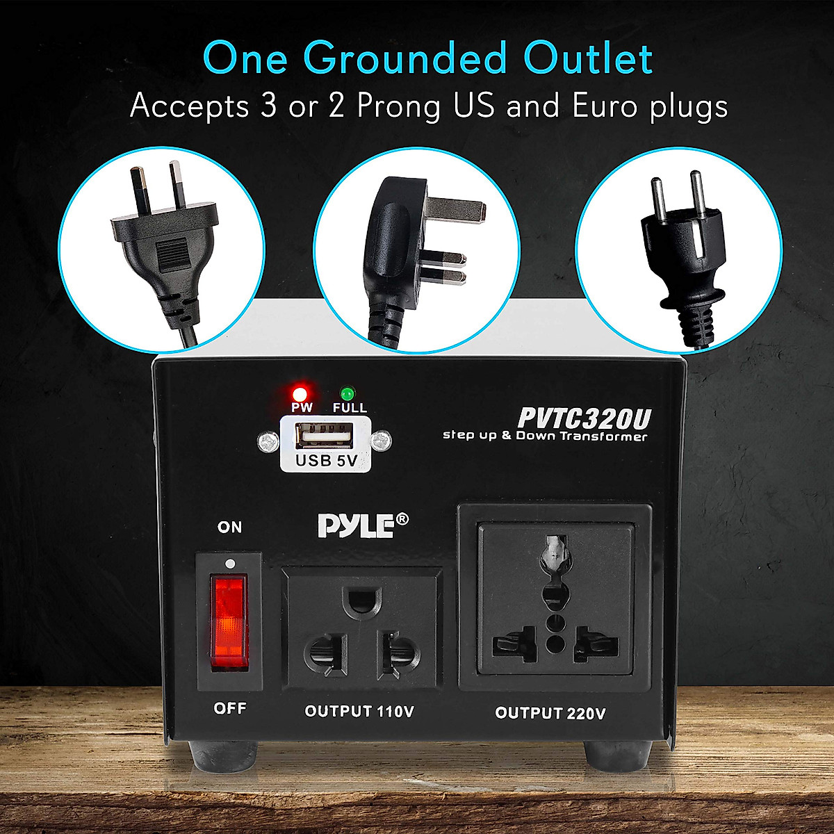 Pyle Step Up and Down Converter - 500 Watt Voltage Converter Transformer w/ USB Charging Port, UK Power Adapter, AC 110 / 120 to 220 / 240 Volt Vice Versa, 110V/120V/220V/240V Input Voltage