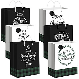 Perfect Occasion Plaid Christmas Gift Bags - 6 Pack - Large Size 13" Green & Black Buffalo Plaid Gift Bags With Handles & Name Tags - with 6 Holiday Sayings Designs - 6 Pack