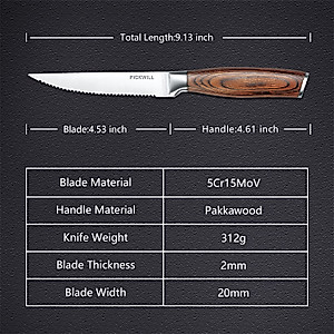 PICKWILL Steak Knives, Serrated Steak Knives Set of 4, Ergonomic Wood Handle, 4.5 Inch High Carbon Stainless Steel Dinner Knives with Gift Box