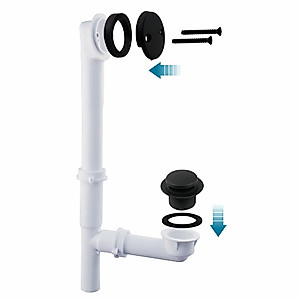 Black Tubular Tub Drain Kit with Welsan Tip-Toe Bathtub Drain Stopper, Touch-Toe Bath Plug Waste and Overflow Face Plate, 1-1/2" PVC Plastic Pipe (Matte Black)