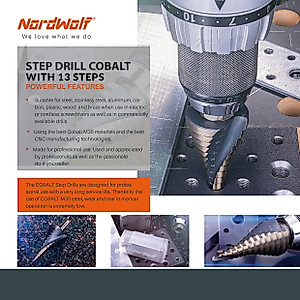 NordWolf M35 Cobalt SAE Step Drill Bit, Spiral Groove Double Flute Multiple Hole Unibit for Stainless Steel & Metal Sheet, 13 Imperial Step Sizes 3/16" to 1-3/8"