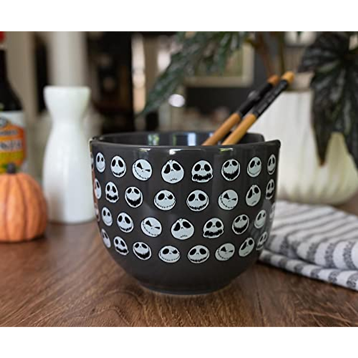 The Nightmare Before Christmas Disney Jack Skellington Faces Japanese Ceramic Dinnerware Set | Includes 20-Ounce Ramen Noodle Bowl and Wooden Chopsticks