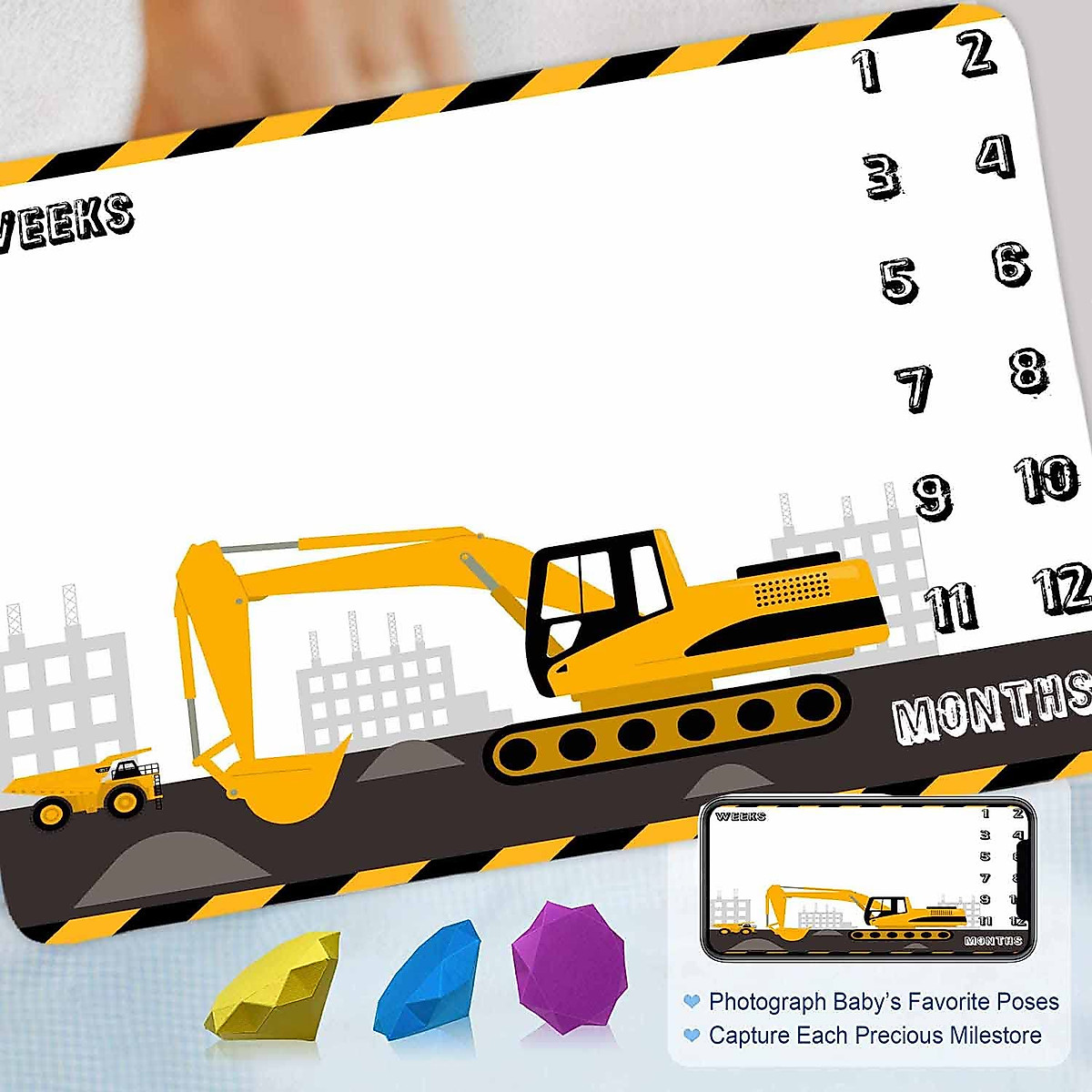 Construction Baby Monthly Milestone Blanket for Boys and Girls, Excavator Truck Month and Age Blanket, 48x40in Soft Flannel, White Monthly Newborn Gift Baby Photo Blanket