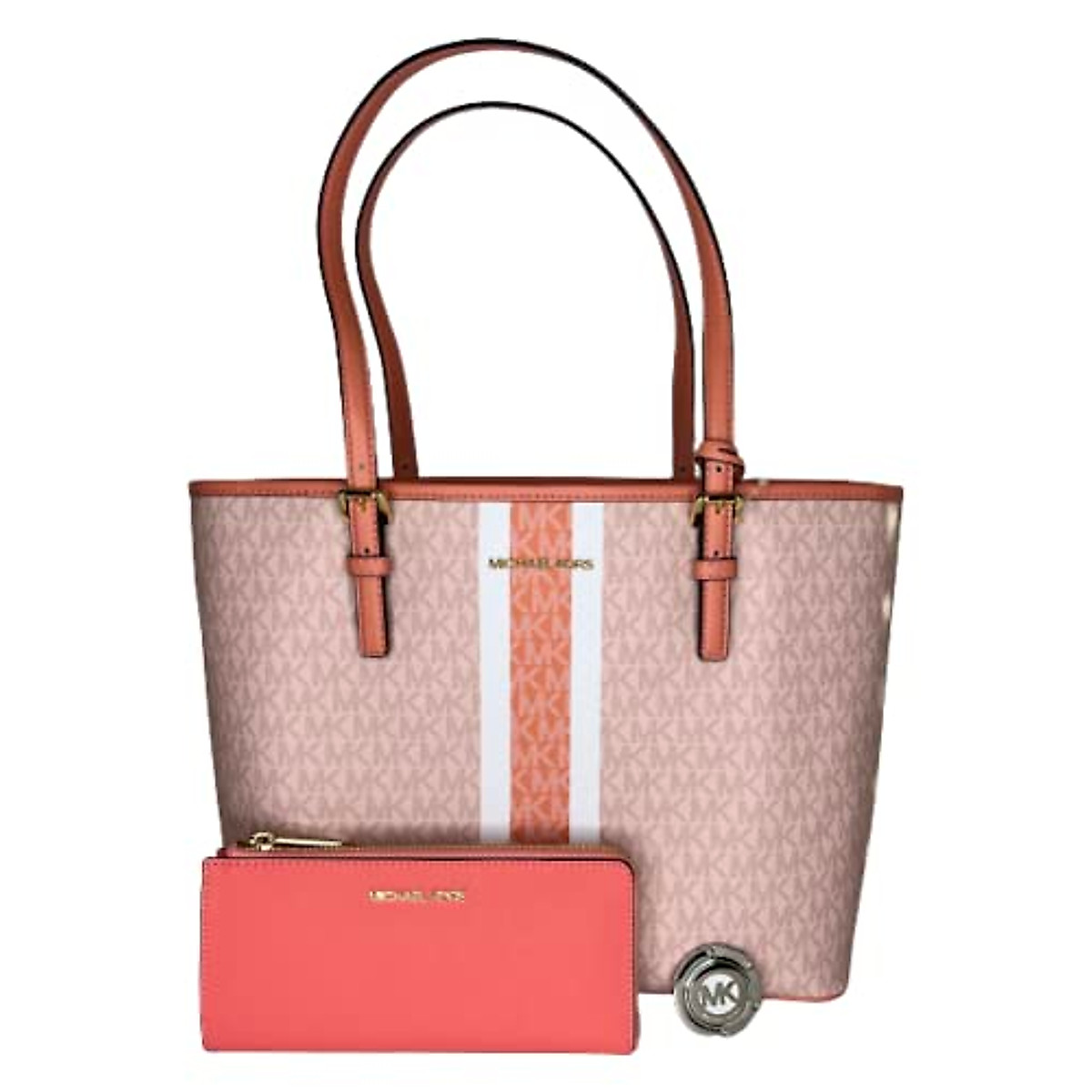 Michael Kors Jet Set Travel MD Carryall Tote bundled with Large Continental Wristlet Wallet Purse Hook (Signature MK Sherbert/Grapefruit)