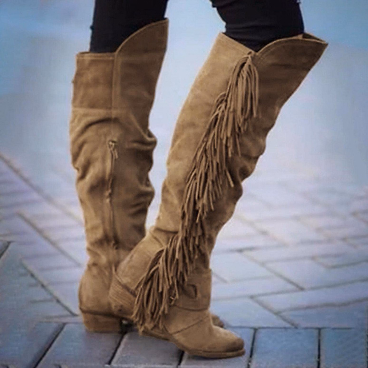 NOLDARES Womens Mid Calf Boots Chunky Heel Fringe Vintage Cowgirl Cowboy Western Knee High Boots Zipper Pointed Toe Boots