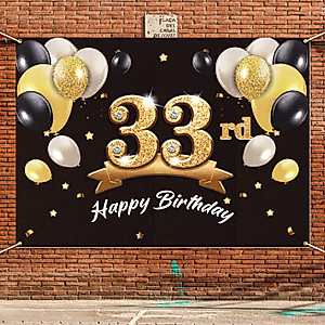 PAKBOOM Happy 33rd Birthday Banner Backdrop - 33 Birthday Party Decorations Supplies for Men - Black Gold 4 x 6ft