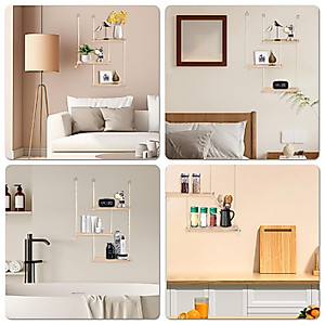 Macrame Wall Hanging Shelves, 3 Tier Hanging Floating Shelves for Wall, Boho Wall Shelves, Wood Hanging Shelves, Macrame Wall Hanging Shelf Tassel with Adjustable Rope, Room Decor for Plants Books