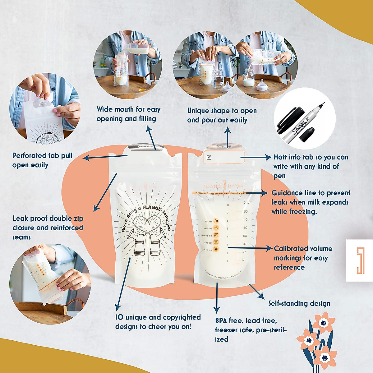 Idaho Jones Breast Milk Bag, Fun Quotes Breastmilk Storage Bags with 5 Slogans (60 Units, 8oz Capacity) - Ideal for Freezer and Breastmilk Cooler Bag - Breast Milk Storing Bags with Secure Double Zip