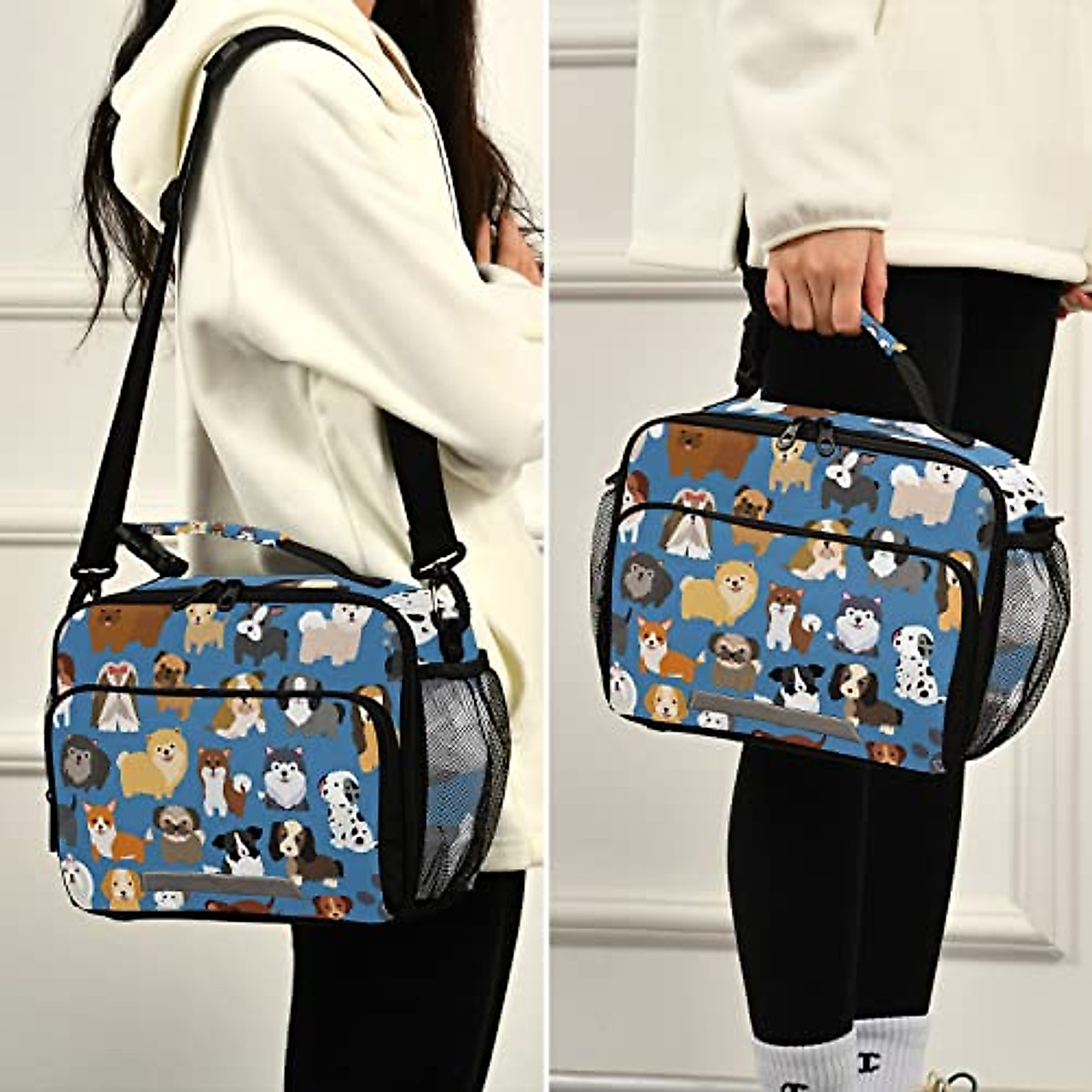 VIGTRO Cute Cartoon Dog Lunch Bag, Leak-proof Durable Lunch Box with External Mesh Bottle Holder, Watercolor Puppy Reusable Insulated Lunchbox Tote/Cooler Bag for Kids Age Over 3 Years Old