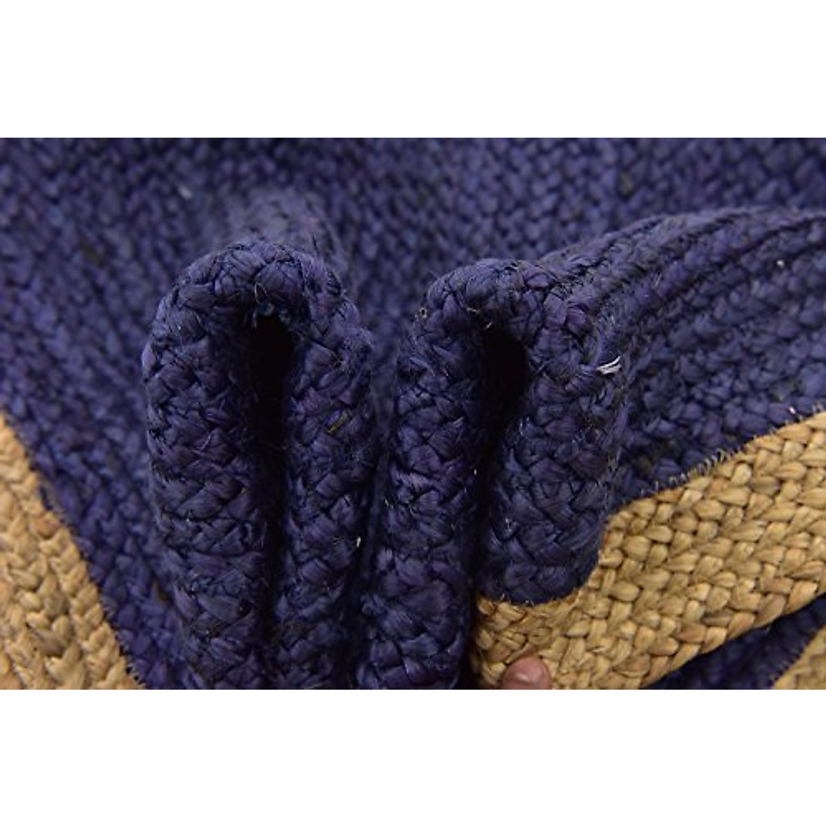 Unique Loom Braided Jute Collection Classic Quality Made Natural Hand Woven with Solid Color Detail, Area Rug, Runner 2' 6" x 6' 0", Navy Blue/Tan