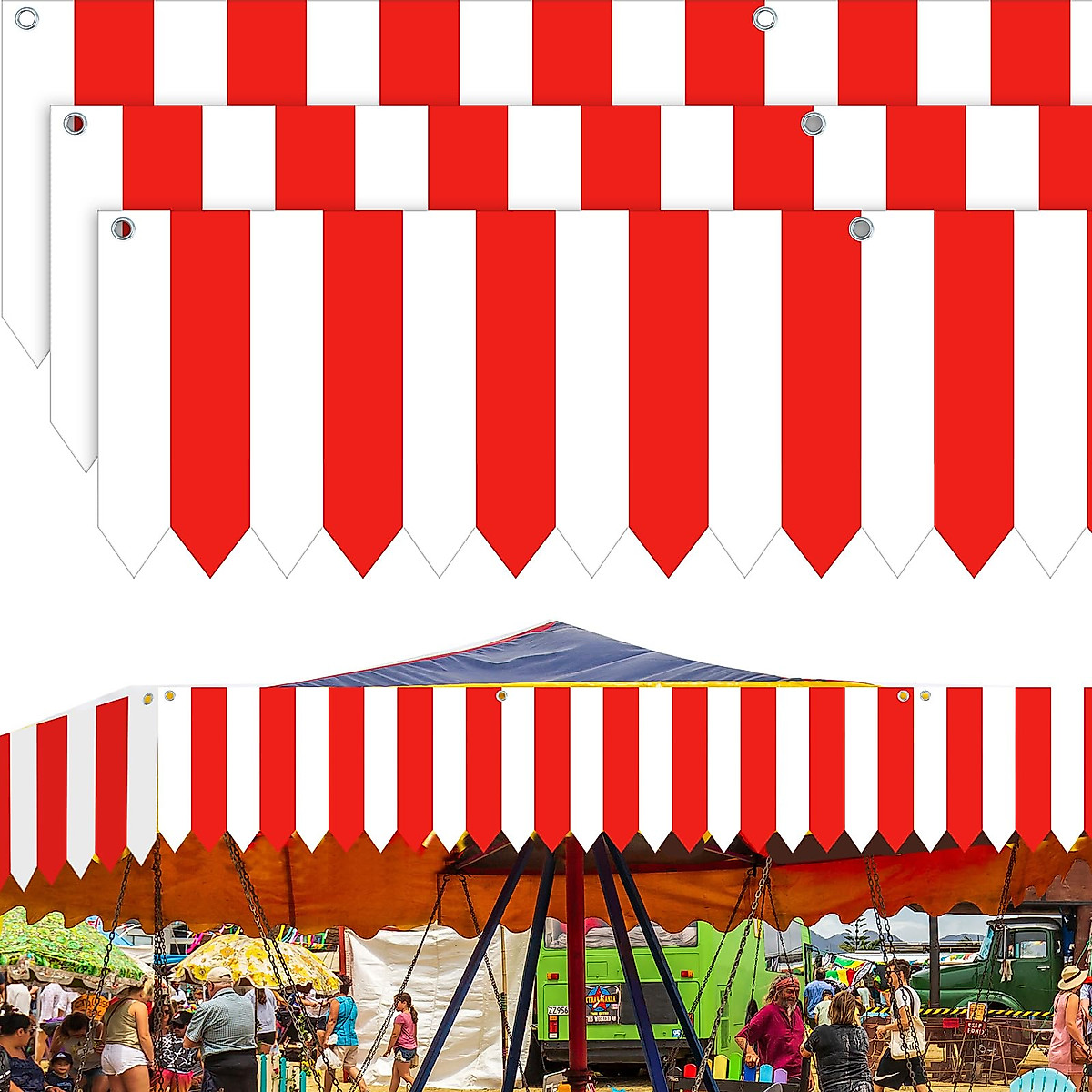 SmoothNovelty Carnival Tent Circus Theme Party Decorations White and Red Striped Circus Awning Decor 3D Awning Circus Tent Canopy for Mardi Gras Carnival Theme Party Decor, 9.84 x 78.74 Inch (3 Pcs)