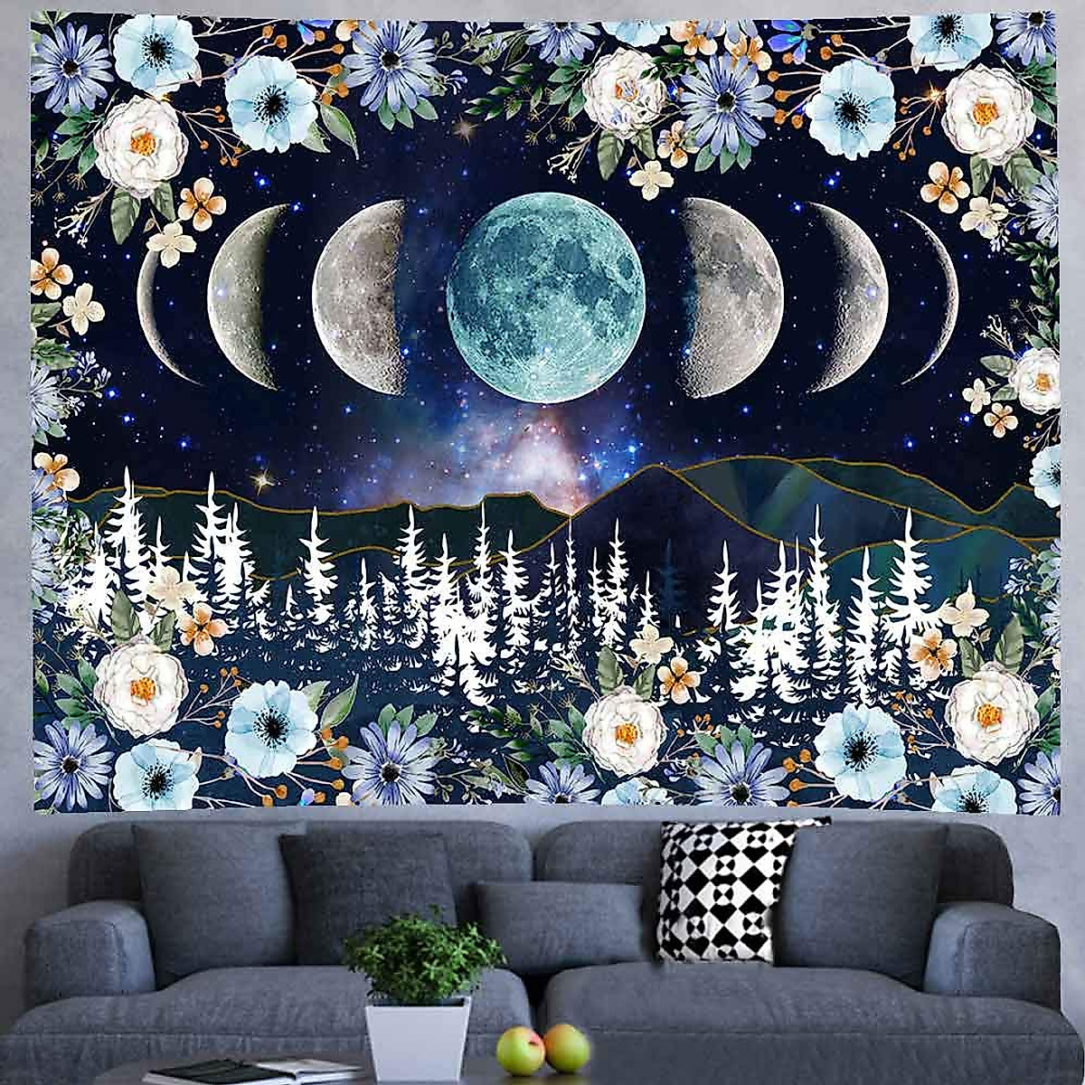 X-SISTER Moonlit Garden Tapestry Moon Phases Mountain Range Line Aesthetics Rattan Flowers Woods Wall Short Plush 8060 Inch Digital Printing Home Furnishing Decoration TA2105