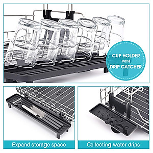 KINGRACK 2 Tier Dish Rack, 304 Stainless Steel Dish Drainer, Large Capacity Dish Drying Rack with Drip Tray, Removable Cutlery Cutting Board Wine Glasses Cups Holder & Plate Rack for Kitchen