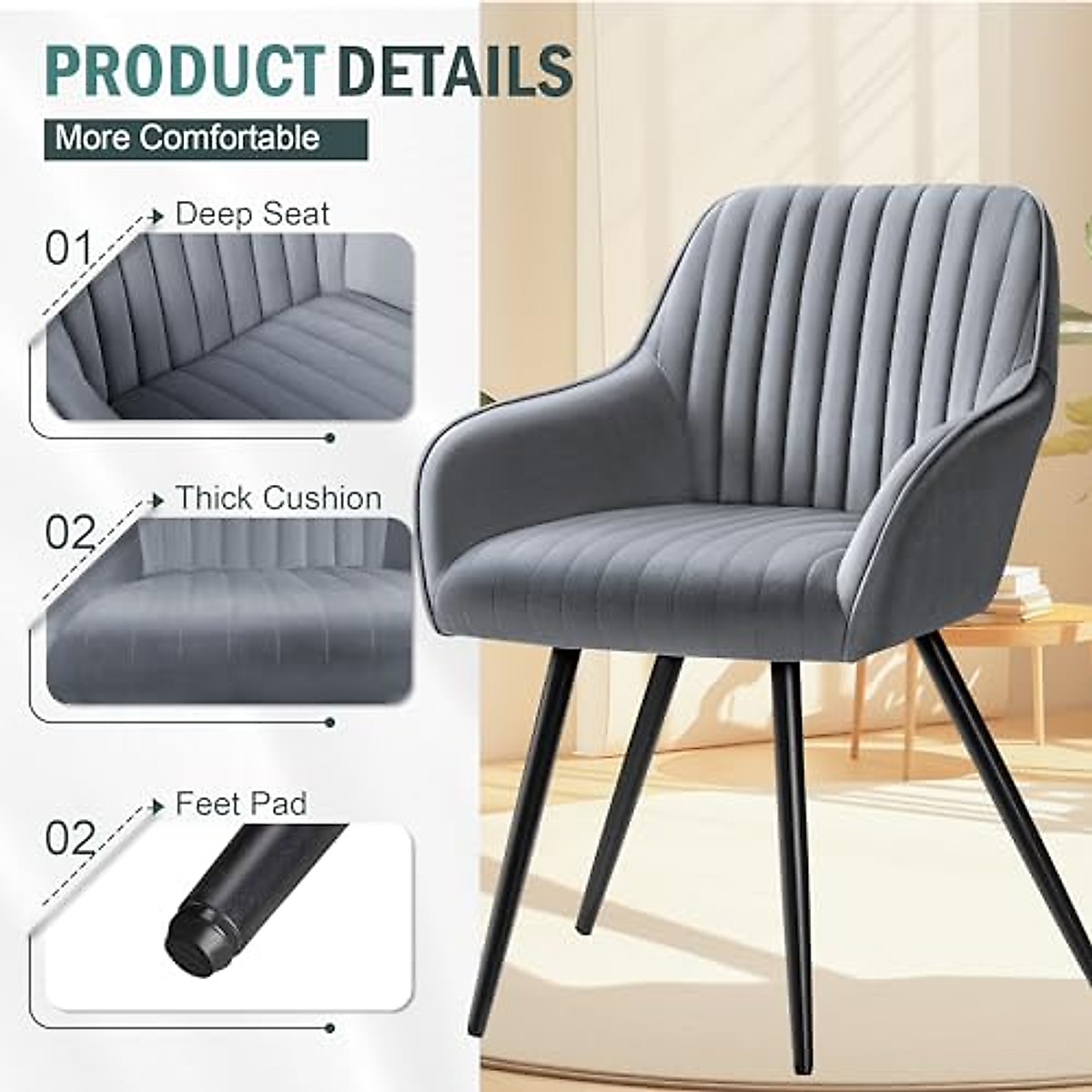 YESHOMY Accent Chair for Living Room Set of 2 Upholstered with Strong Metal Frame, Armrest for Bedroom, Dorm, Light Gray