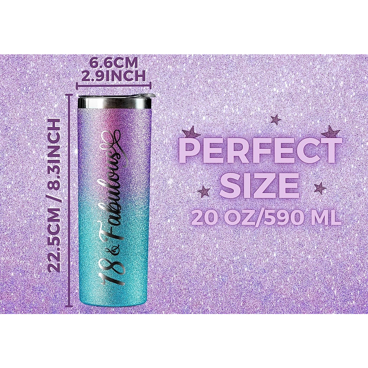 Onebttl 18th Birthday Gifts for Girls, Women, Her - 18 and Fabulous -20oz/590ml Stainless Steel Insulated Glitter Tumbler with Straw, Lid, Message Card - (Purple-Blue Gradient)