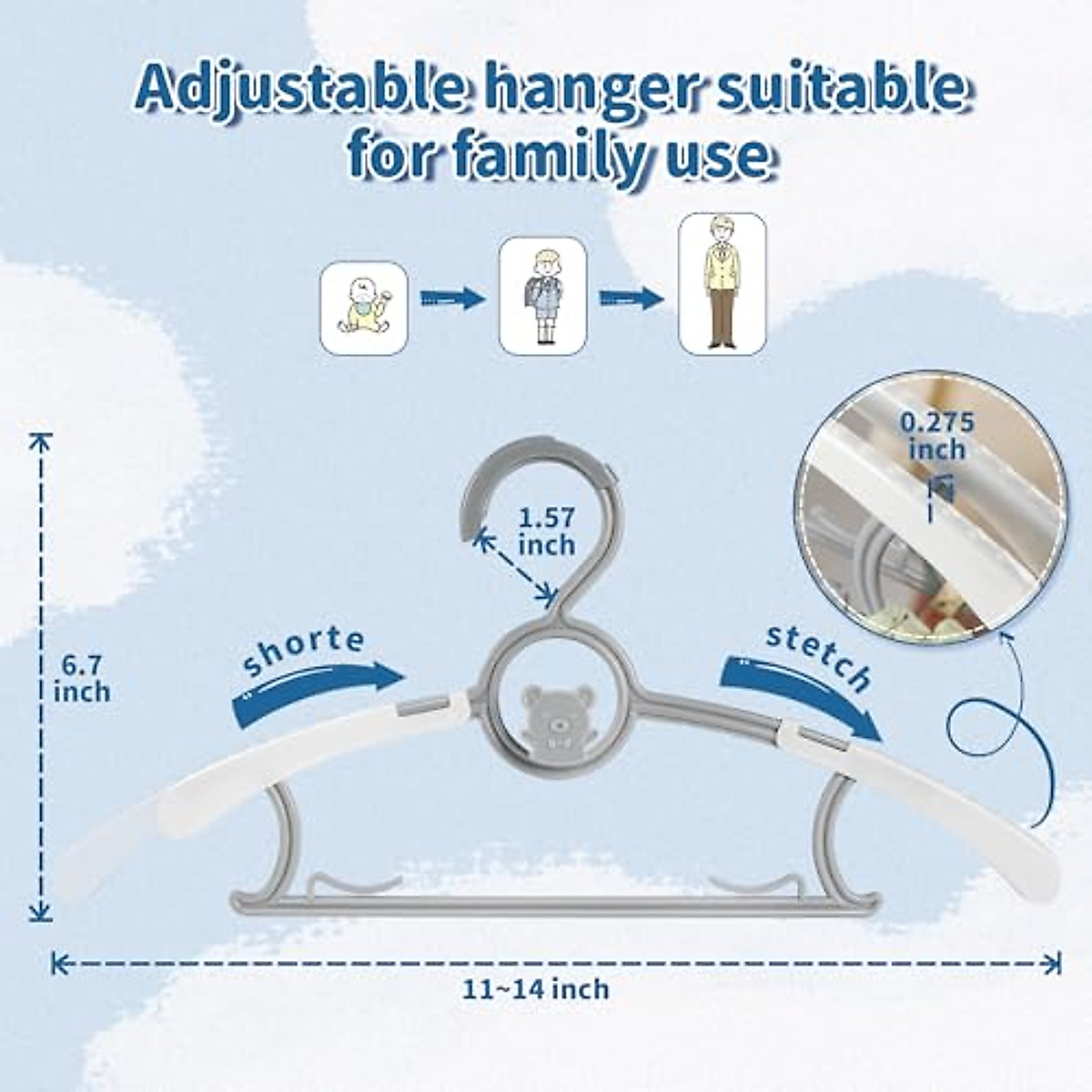 PIGLOG Baby Hangers 100 Pack Extendable Adjustable Kids Hangers, 11-14 Inches Non-Slip Plastic Toddler Hangers for Baby Kid Kids Children Infant Child,Stackable Kid Hangers for Closet Grey Bear