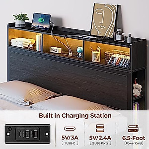 Rolanstar Queen Bed Frame with Storage Headboard, Metal Platform Bed with Charging Station, LED Bed Frame with 4 Drawers, Bookcase Storage, No Box Spring Needed, Easy Assembly, Noise-Free, Black