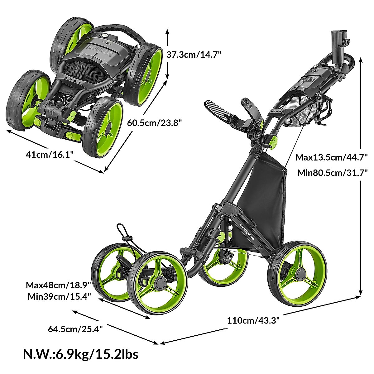 caddytek 4 Wheel Golf Push Cart - Compact, Lightweight, Close Folding Push Pull Caddy Cart Trolley - Explorer V8, Lime