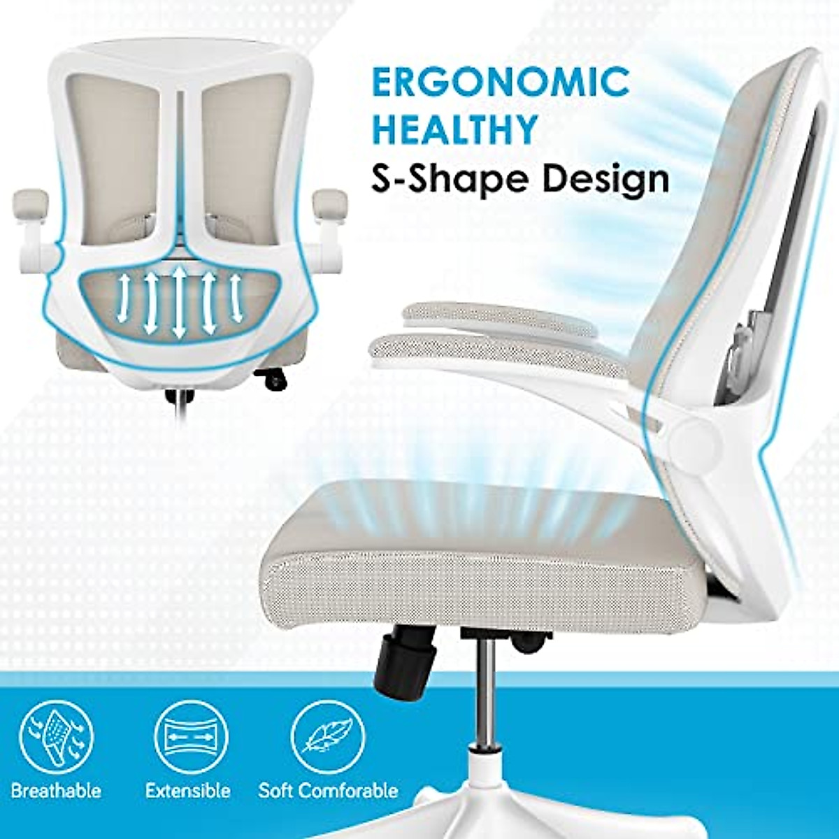 balmstar Ergonomic Chairs For Home Office Desk , Breathable Mid-Back Comfortable Mesh Computer Chair with PU Silent Wheels, Flip-up Armrests, Tilt Function, Lumbar Support (Khaki)