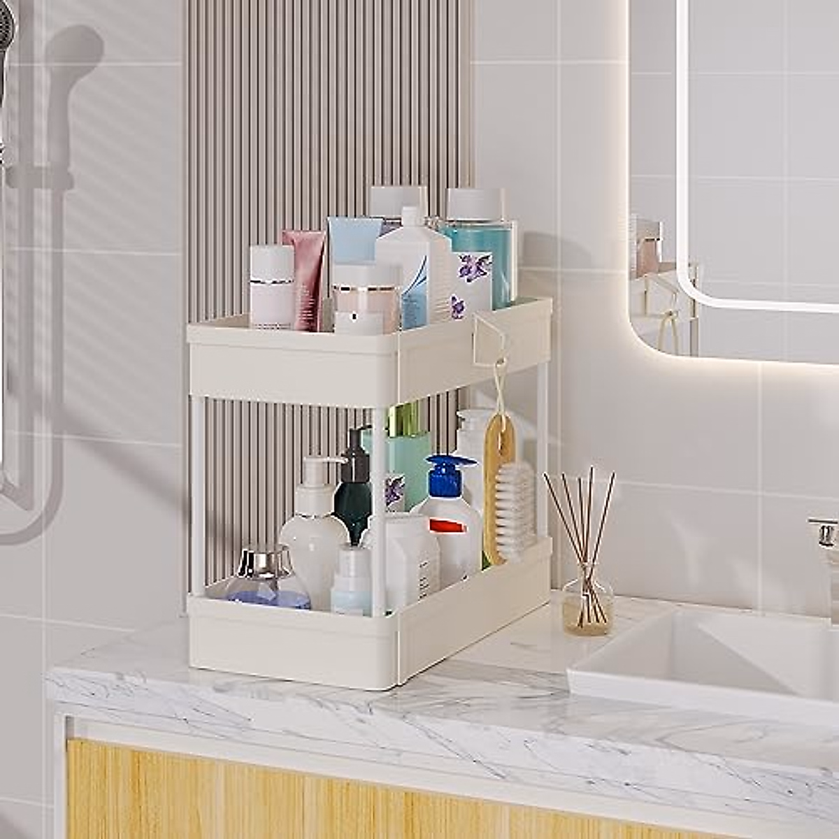 Boeeoan Under Sink Organizers Storage Rack, 2 Tier Under Bathroom Cabinet Shelf Basket, Multi-Purpose Storage Cart with Hooks for Kitchen Bathroom Bedroom Livingroom, White