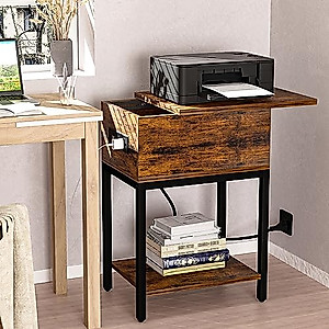 SZLHANJZ Nightstand with Charging Station, Narrow End Table with Storage Drawer, Wood & Metal Narrow Nightstand 2 Tier, Small Sofa Bed Side Table for Living Room Bedroom Dorm, Dark Brown