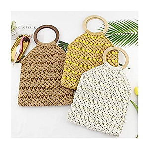 QTKJ Hand-woven Cotton Hollow Out Beaded Tote Bag for Women Boho Beach Crochet Bag Handbag with Wooden Round Handle (Brown)