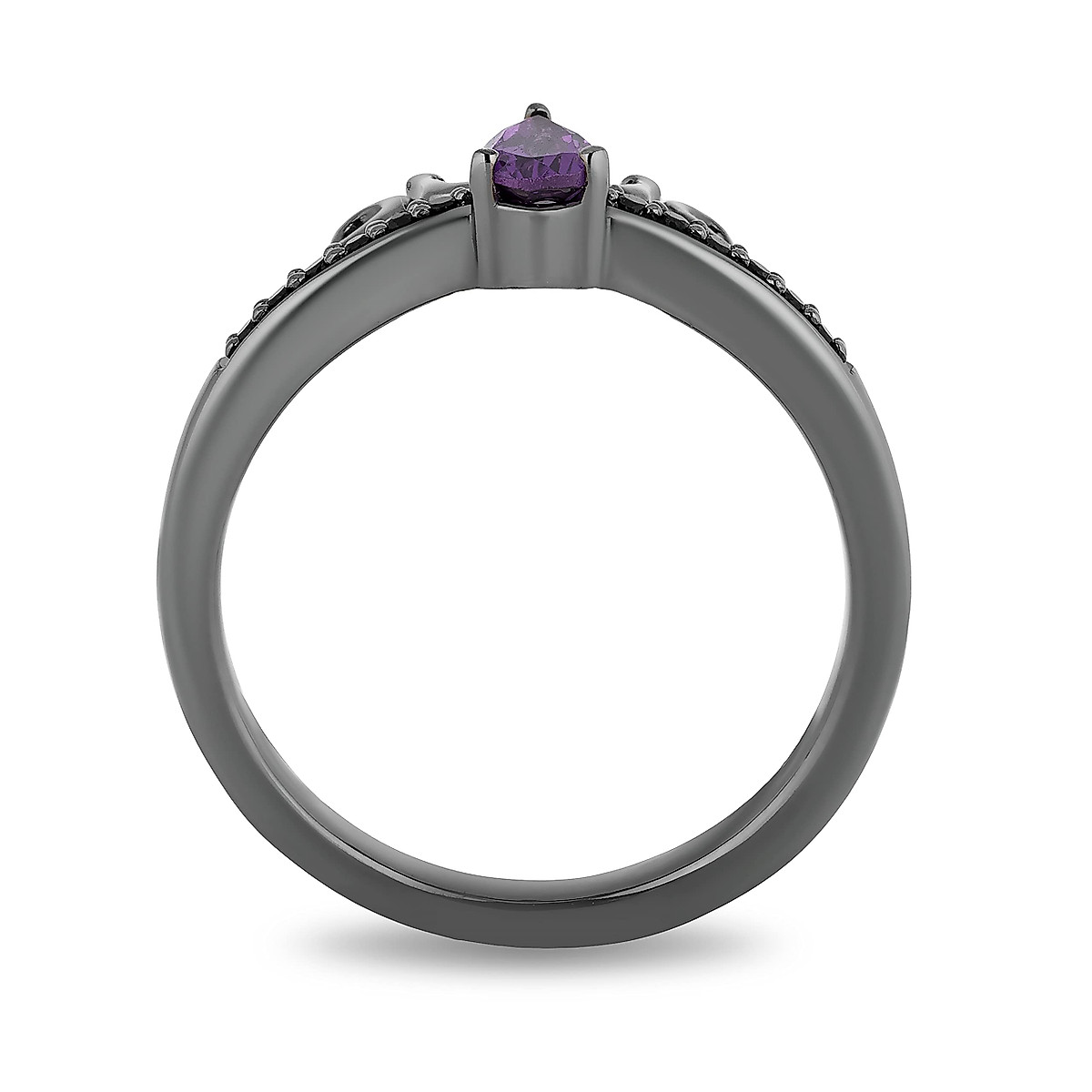 Jewelili Enchanted Disney Fine Jewelry Black Rhodium &14K Rose Gold Over Sterling Silver 5x3 MM Pear Amethyst with 1/5 Cttw Treated Black & Natural White Round Diamond Ariel Villains Duo Ring, Size 8