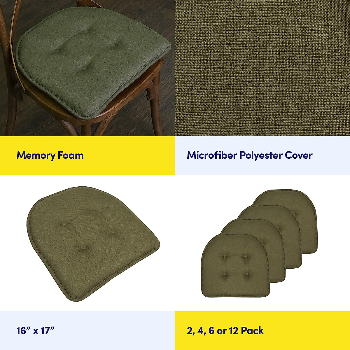Sweet Home Collection Chair Cushion Memory Foam Pads Tufted Slip Non Skid Rubber Back U-Shaped 17" x 16" Seat Cover, Army Green 6 Count