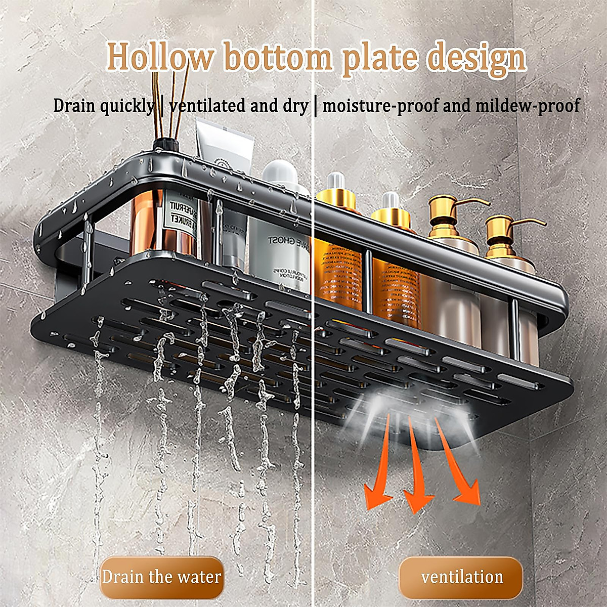 EVALAND Aluminum Shower Caddy, Adhesive Shower Shelves, 2-Pack With Hooks and Rod for Towels, No Drill Wall Mount Rustproof Premium Organizer for Bathroom, Kitchen, Black