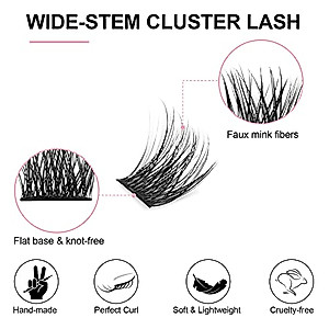 KISSXIAOYA Cluster Eyelash Extensions Kit, DIY Lashes Extension Kit with Lash Bond & Seal and Applicator, 144 Pcs 0.10mm 56D 9-15mm Mixed Wide-stem Lash, Individual at Home (Cluster Kit)