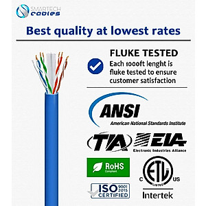 Smartech Cables CAT6 Plenum Cable 1000ft (CMP) | Bulk Ethernet Cable 1000ft | 23 AWG, 550MHz 4Pair UTP 10GB Internet Cable | Quality Tested Ideal for Networking & Stable Performance (Blue)