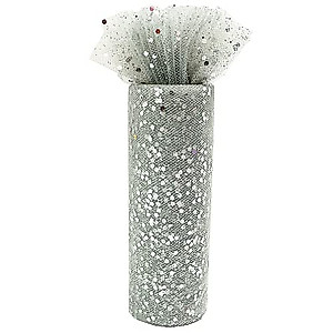 Yuanchuan Laser Sequin Glitter Tulle Rolls 6 inch x 10 Yards (30 feet) Silver for Table Runner Chair Sash Bow Pet Tutu Skirt Sewing Crafting Fabric Wedding Birthday Ribbon (Silver)