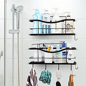 AOZITA 2 Pack, Large Adhesive Shower Caddy Shelves with 8 Hooks - Wall Hanging Bathroom Organizer Basket for Shower Room - Shower Racks for Inside Shower Storage - SUS304 Stainless Steel, Matte Black