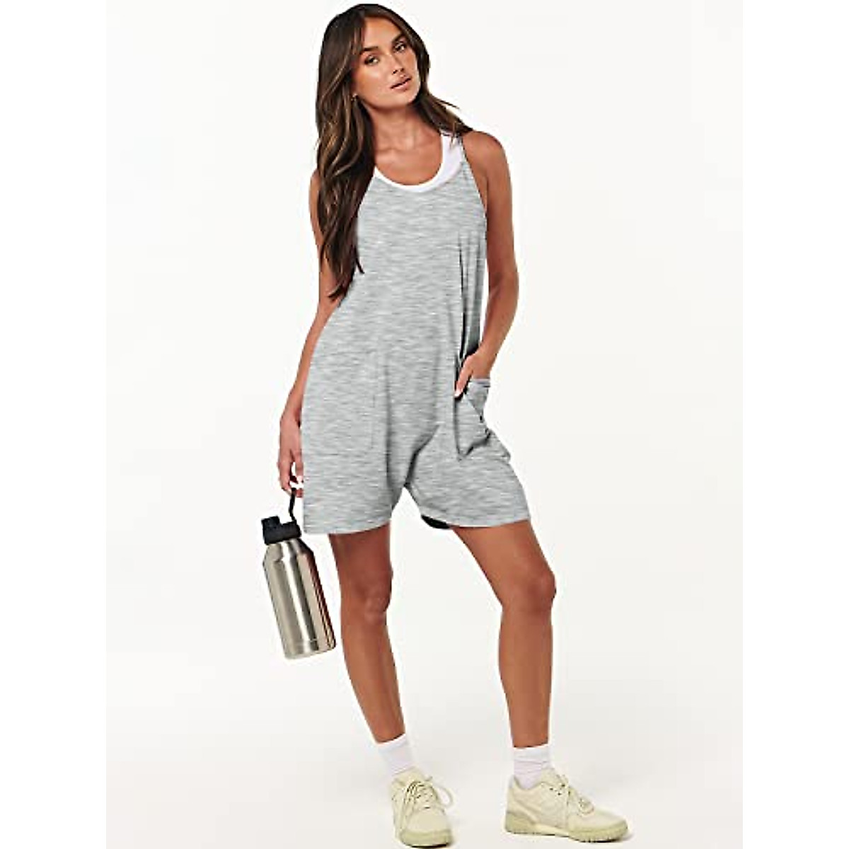 ANRABESS Rompers for Women Summer Jumpsuits Casual Outfits Shorts Overalls 2023 Fashion Stretchy Comfy Clothes Sleeveless Cute Jumpers with Pockets A948-qianhuahui-S