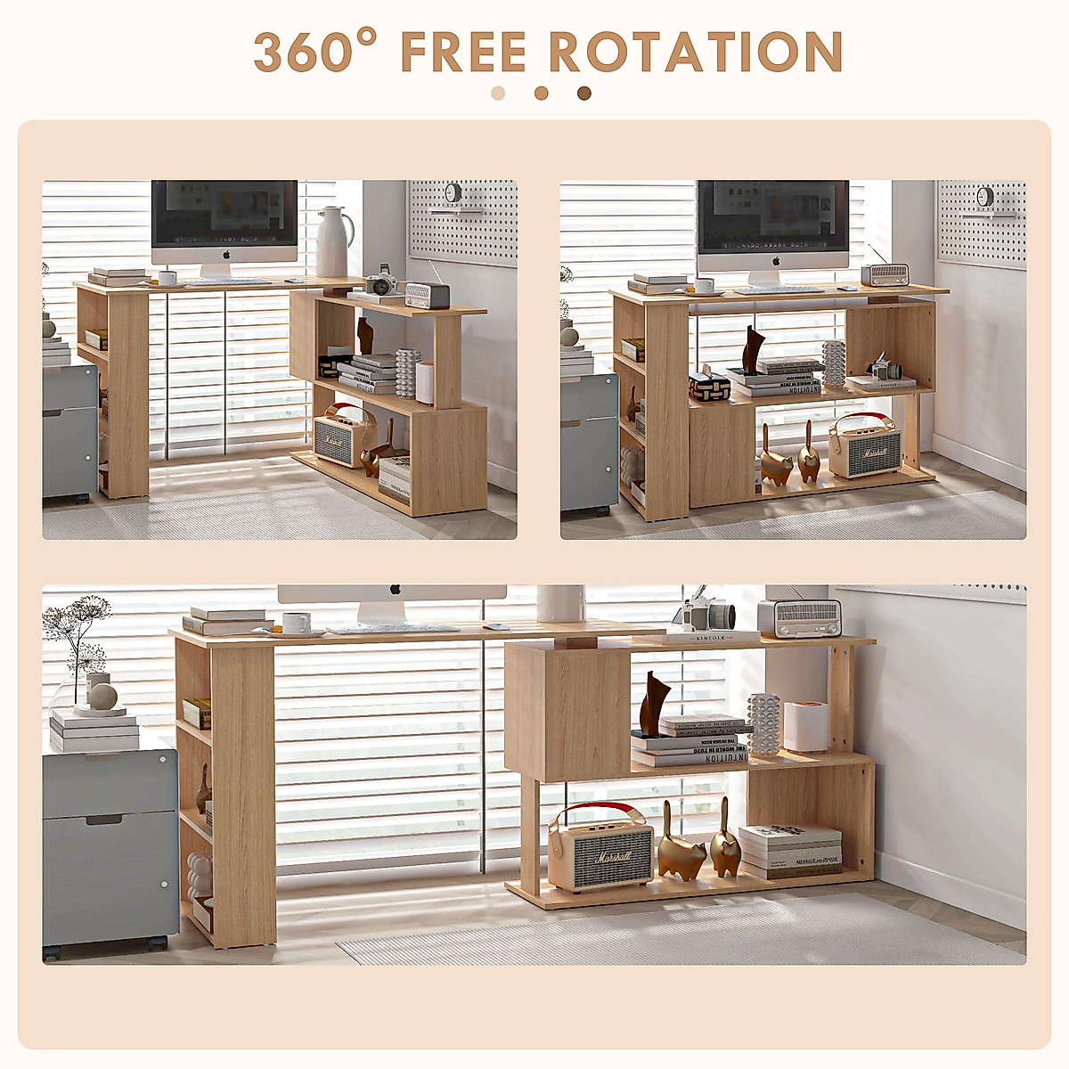 HOMCOM L Shaped Corner Desk, 360 Degree Rotating Home Office Desk with Storage Shelves, Writing Table Workstation, Maple