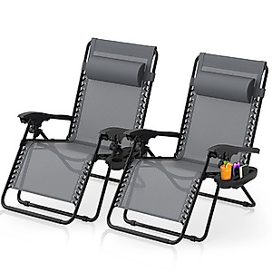 Suteck Zero Gravity Chairs Set of 2, Zero Gravity Lounge Chair w/Upgraded Lock, Big Cup Holder and Pillow, Reclining Patio Chairs Folding Recliner for Indoor and Outdoor