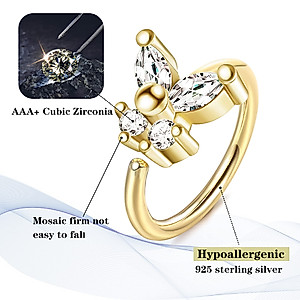 Drperfect 3Pcs 925 Sterling Silver Pin Nose Ring Hoop Paved CZ Flower Butterfly Crown Cartilage Earring for Women Men Ear Piercing Nose Piercing Hoop Body Piercing Jewelry