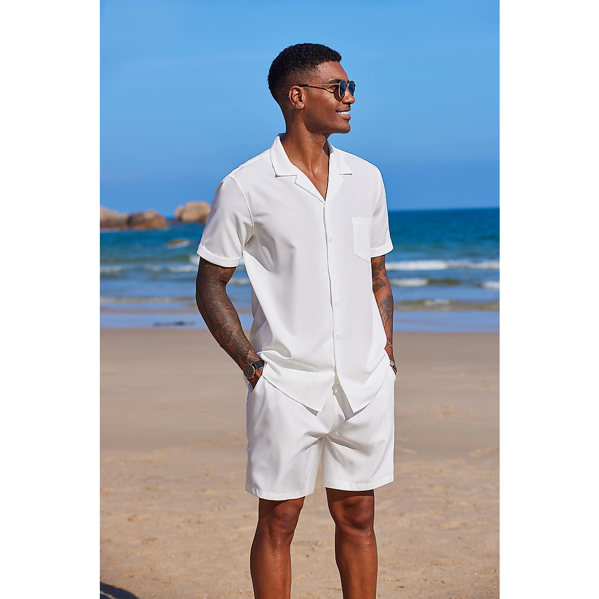 COOFANDY Men's 2 Pieces Shirt Set Short Sleeve Button Down Casual Hippie Holiday Beach T-Shirts Shorts Outfits (01-White, Medium)