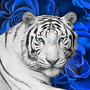 White Tiger Queen Size Duvet Cover Blue Rose Comforter Cover 3Pcs Boys Girls Gorgeous Roses Flowers Decor Quilt Cover with 2 Pillow Cases Fashion Personality Super Soft Bedspread Bedroom