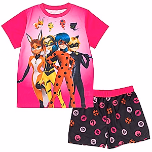 Miraculous Cat Noir Ladybug Rena Rouge Big Girls Pajama Shirt Shorts Black/Pink 14-16